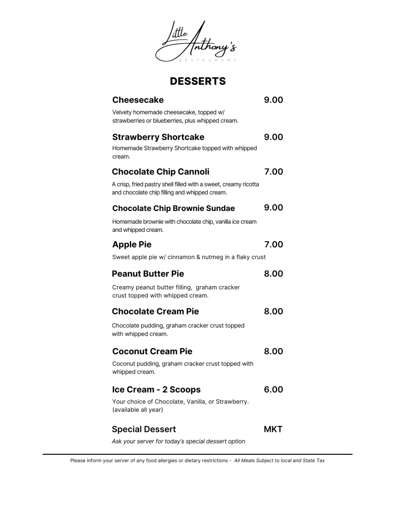 Menu – Little Anthony's Restaurant